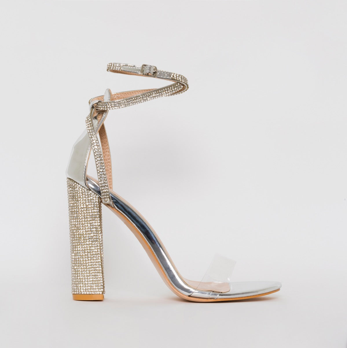 Felicia Silver Clear Diamante Block Heels | Simmi London