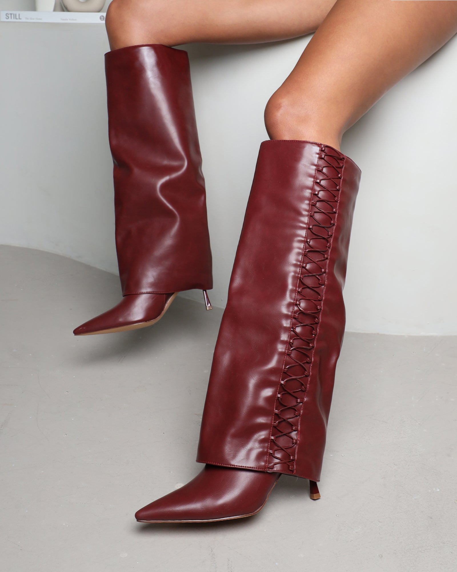 Axis Burgundy Laced Fold Over Boots | SIMMI London – Simmi London