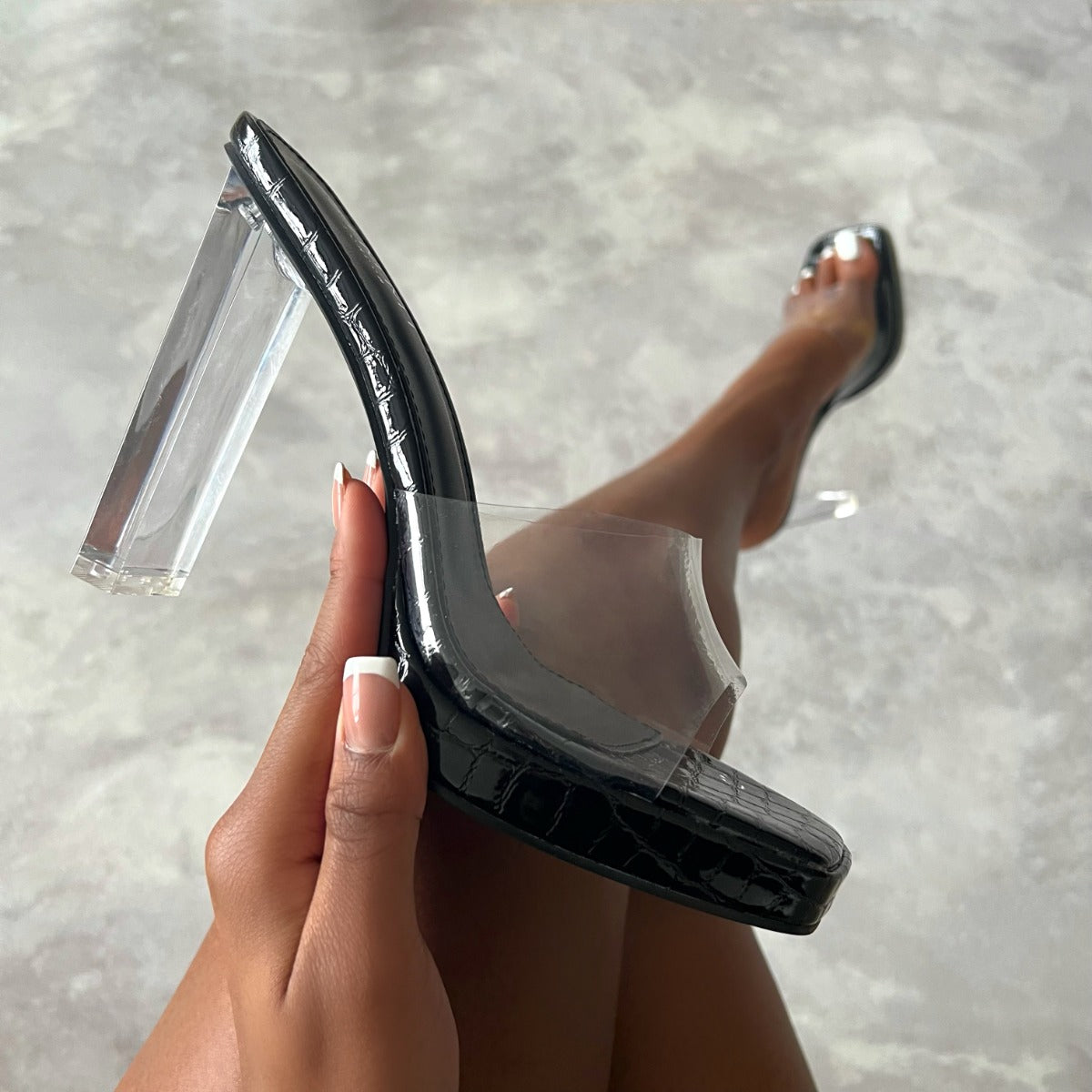 Farah Clear Black Patent Faux Croc Print Block Heel Mules | SIMMI London