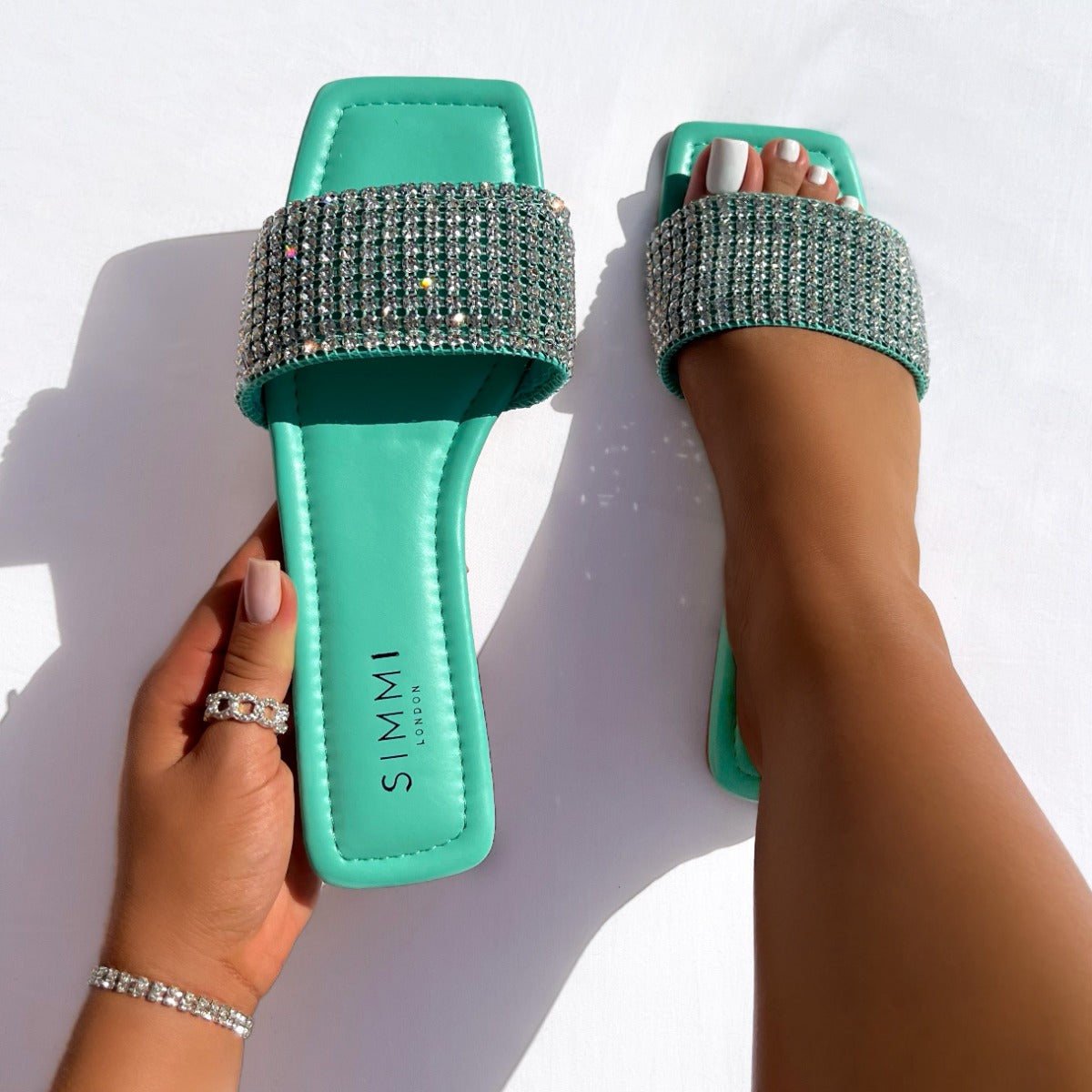Azura Teal Diamante Sliders | SIMMI London