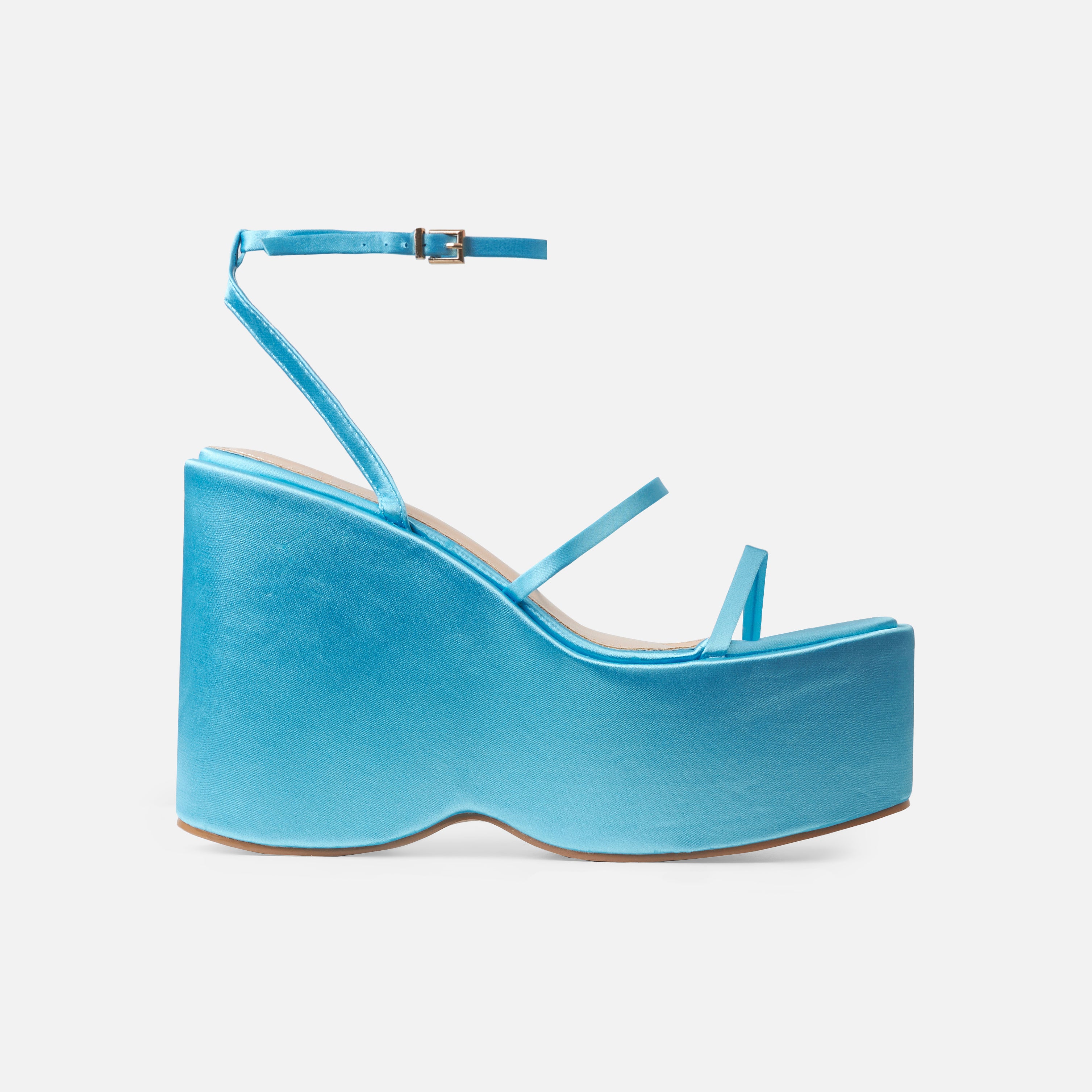 Daria Blue Satin Strappy Platform Wedges | SIMMI London