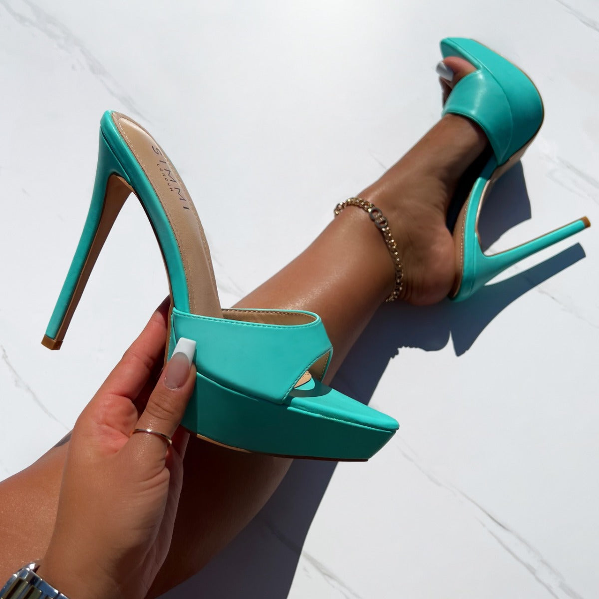 Asia Teal Platform Pointed Stiletto Mules | SIMMI London – Simmi London
