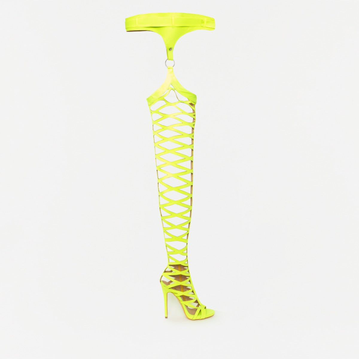 Shaniqua Neon Yellow Lycra Belt Thigh High Heels – Simmi London