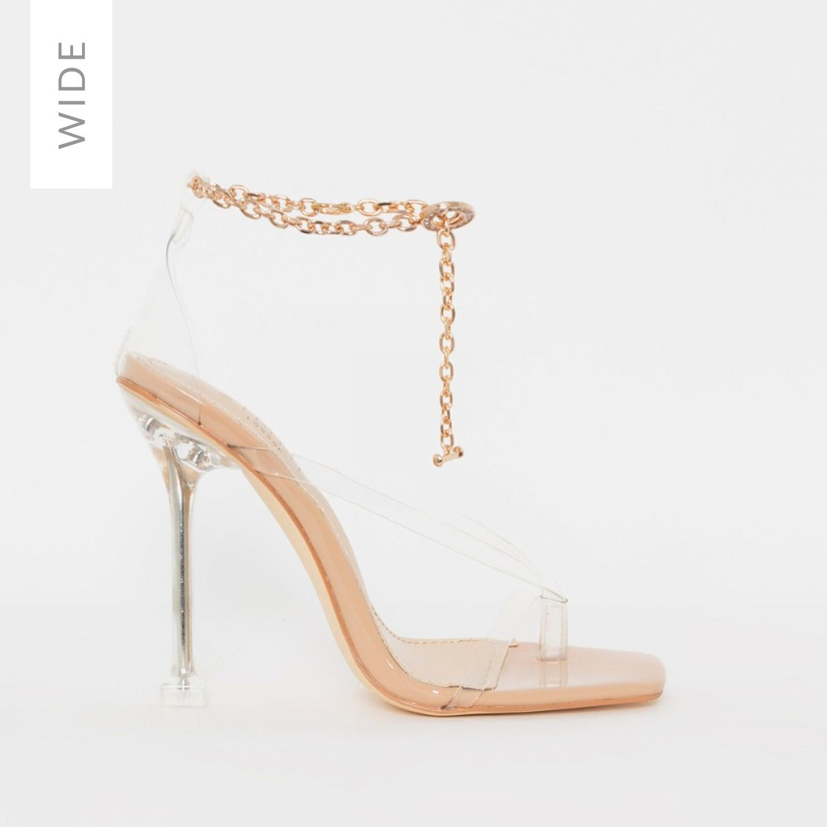Irene Wide Fit Nude Patent Clear Chain Thong Stiletto Heels – Simmi London